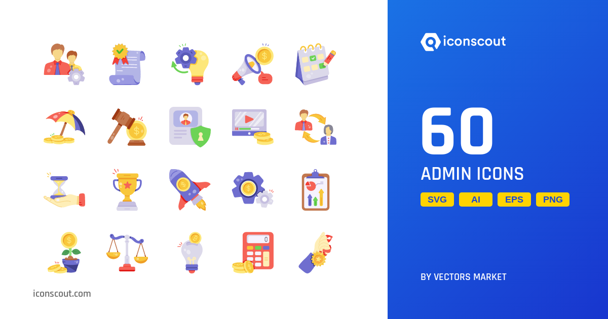 Admin Icon Pack - 60 Flat Miscellaneous Icons | SVG, PNG, ICO Available