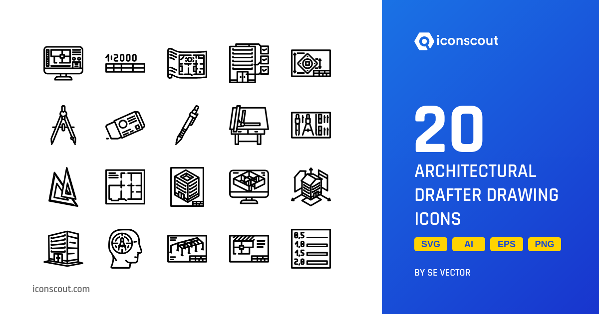 Architectural Drafter Drawing Icon Pack - 20 Line Tools & Equipment ...