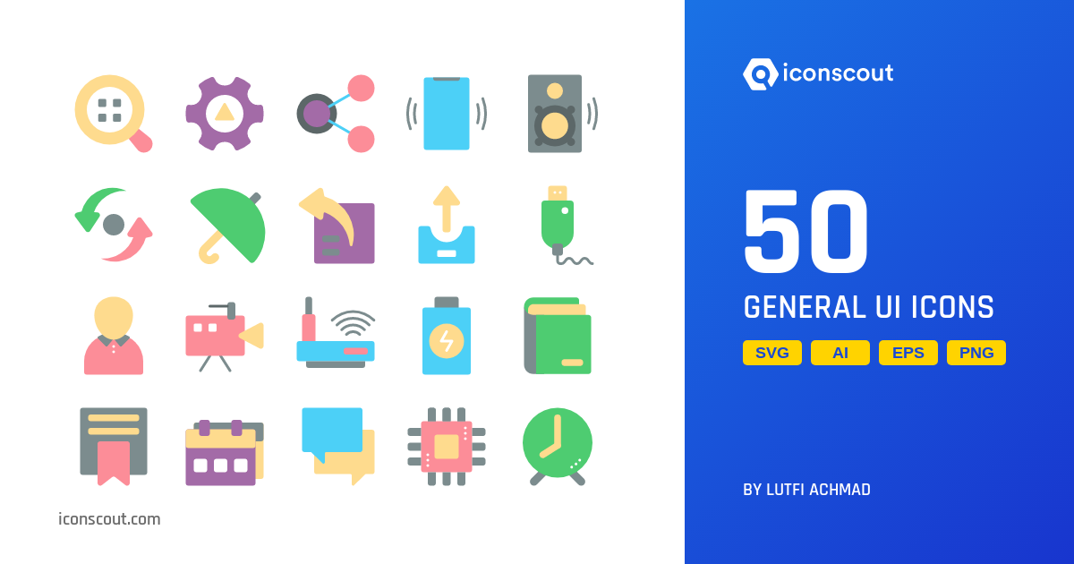 General UI Icon Pack - 50 Flat User Interface Icons | SVG, PNG, ICO Available