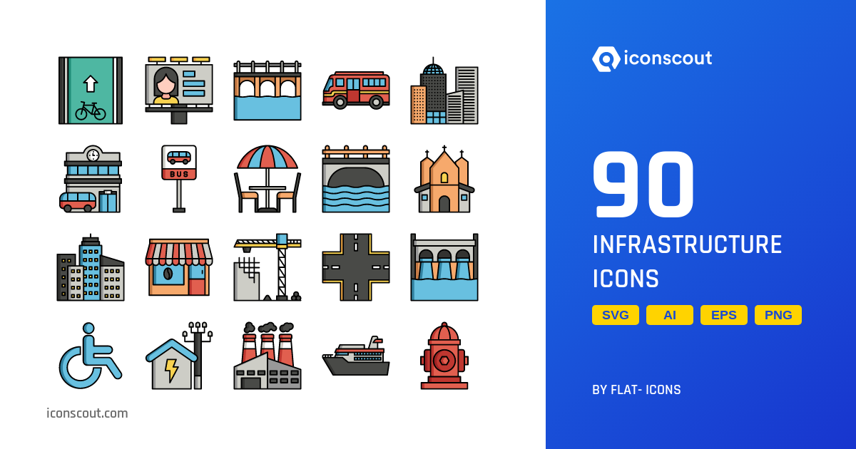 Infrastructure Icon Pack - 90 Colored Outline Buildings Icons | SVG ...