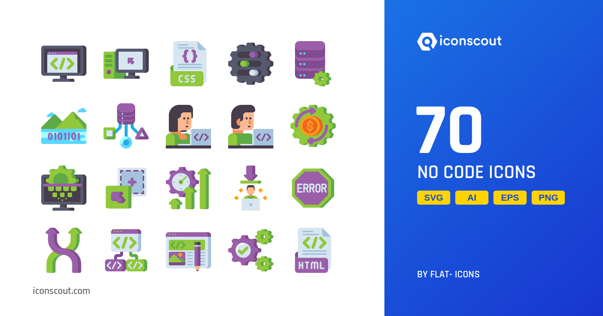 No Code Icon Pack - 70 Flat Design & Development Icons | SVG, PNG, ICO ...