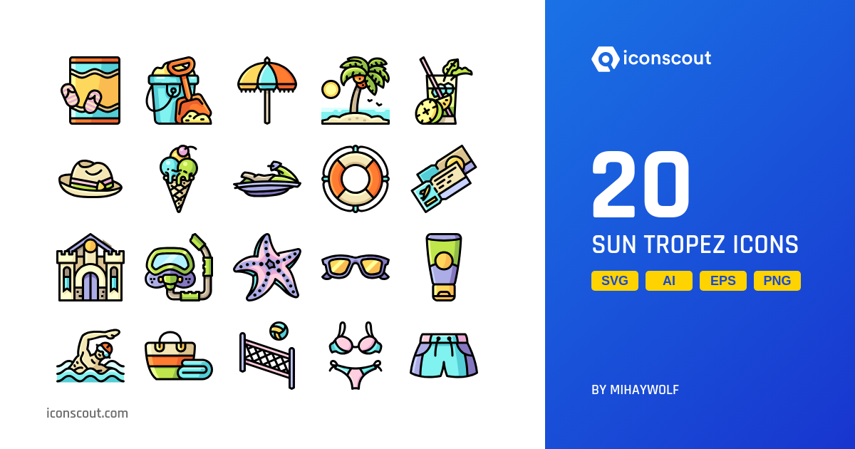 Sun Tropez Icon Pack - 20 Holidays Colored Outline Icons | IconScout