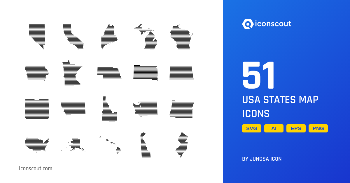 USA States Map Icon Pack - 51 Line Maps And Navigation Icons | SVG, PNG ...