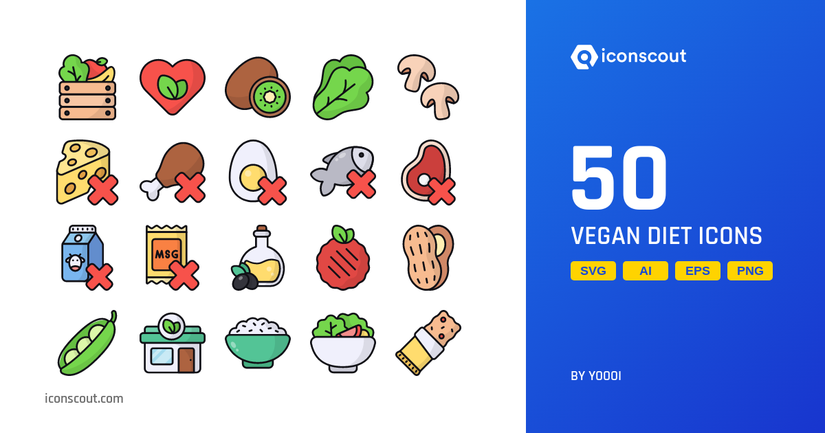 Vegan Diet Icon Pack - 50 Colored Outline Food & Drink Icons | SVG, PNG ...