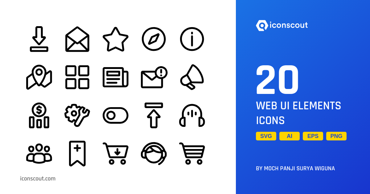 Web UI Elements Icon Pack - 20 Line User Interface Icons | SVG, PNG, ICO Available